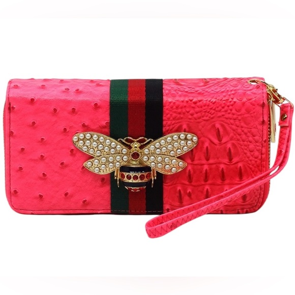 Bags | Queen Bee Strip Ostrich Double Zip Around Wallet Wristlet | Poshmark